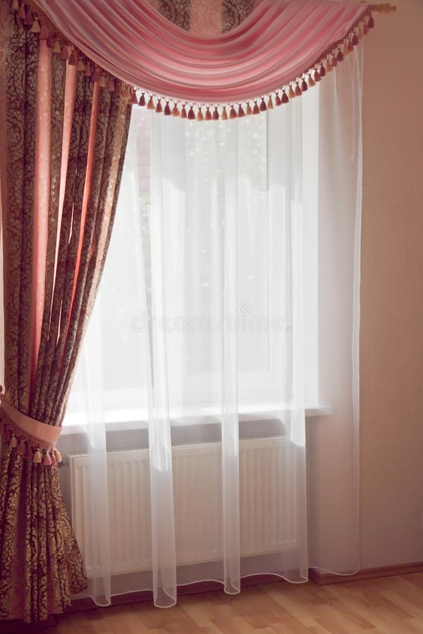 Window Design - Pink Curtains with Drapes Stock Image - Image of fold ...