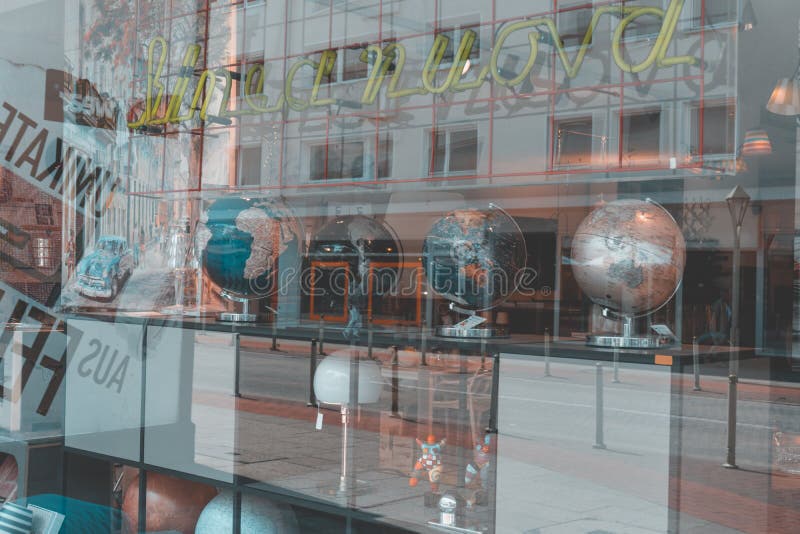 Window with Different Globes and Street Reflection Stock Photo - Image ...