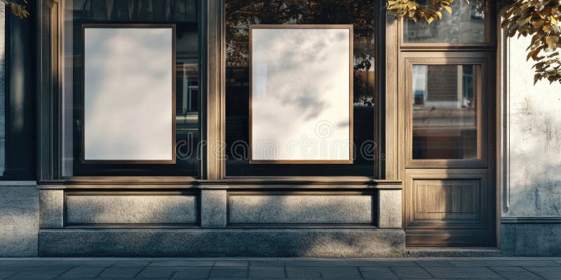 Window Display with Two White Windows and a Brown Door Stock Photo ...