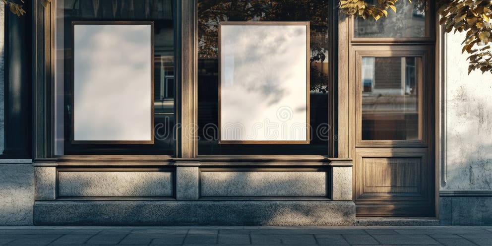 Window Display with Two White Windows and a Brown Door Stock Photo ...