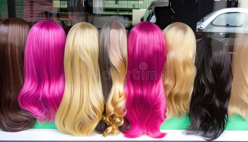 Window Display of a Wig Shop Stock Illustration - Illustration of lady ...