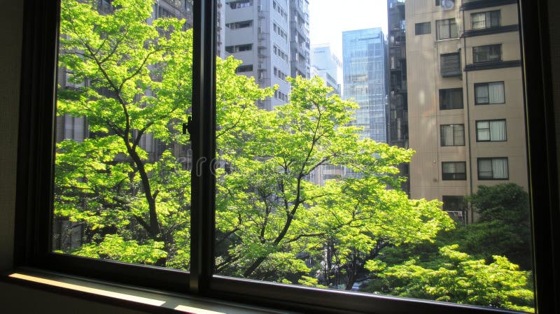 A Window Displaying a Scene of Vibrant Trees and Buildings. Stock Photo ...