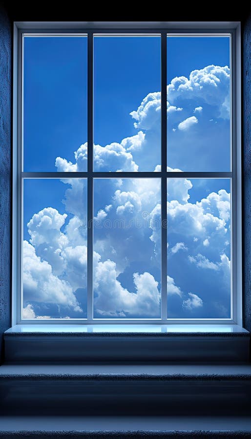The Window Displays a Backdrop of Blue Sky and Clouds Stock Photo ...
