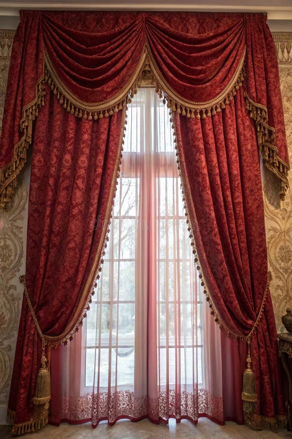 Ornate Red Curtains Covering a Window Stock Illustration - Illustration ...
