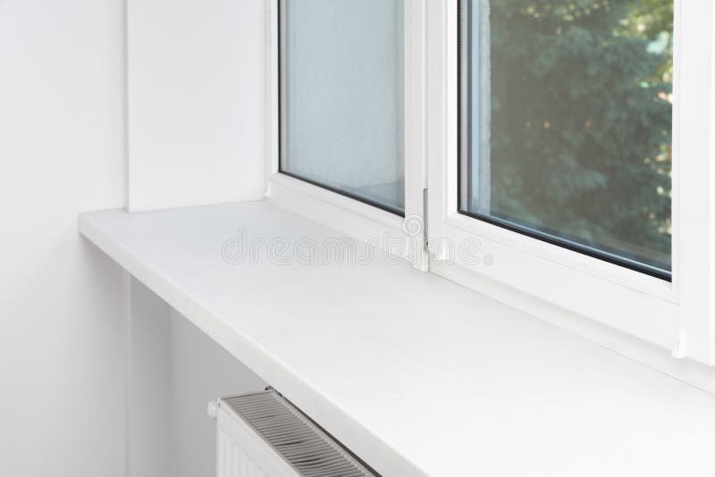 Window with Empty White Sill in Room Stock Photo - Image of plastic ...