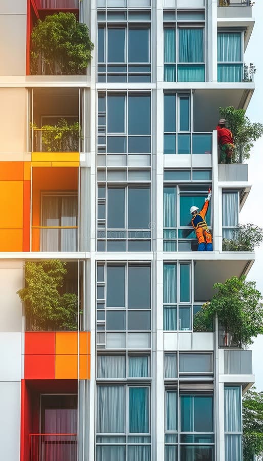 Window,Facade,Cleaning,Building,Maintenance. Worker Cleaning Windows of ...