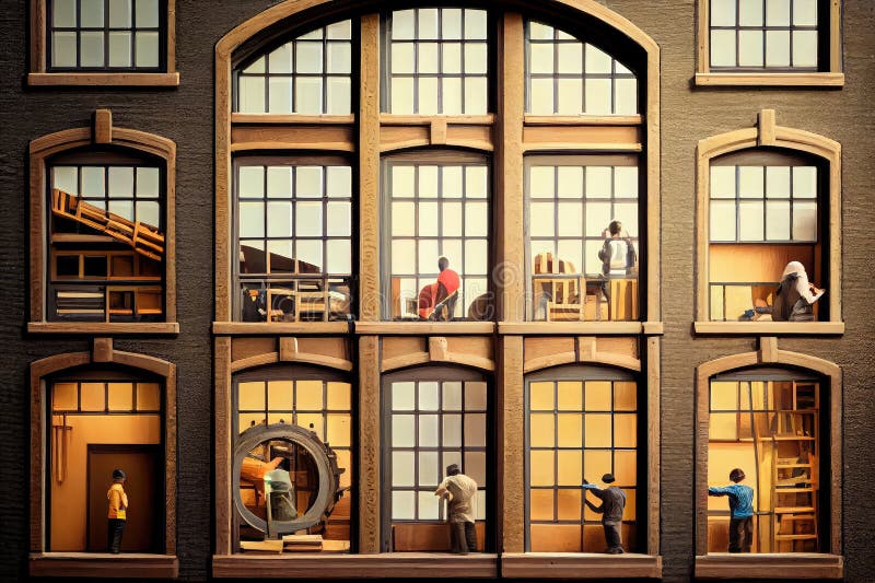 Window Factory, with Workers Assembling Window Frames and Installing ...