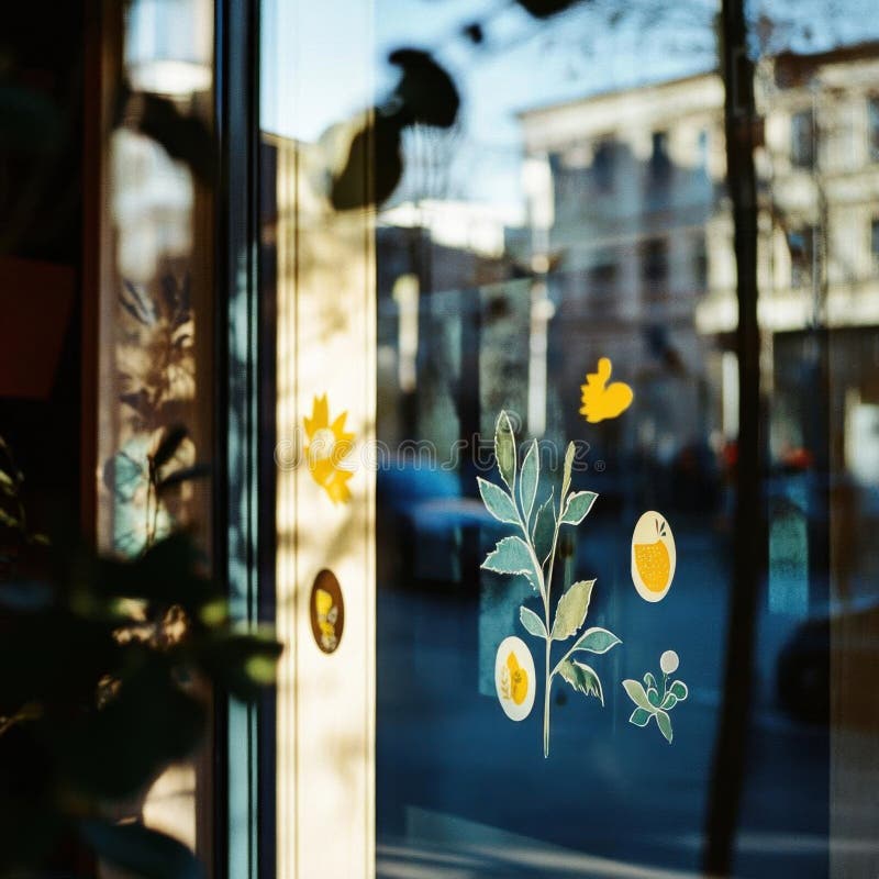 Window with Floral Decals and a Blurry City View Stock Illustration ...
