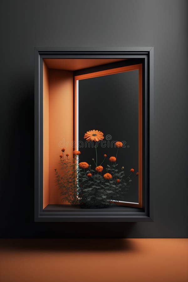 Window with Flower in the Dark Room. 3d Render Illustration Stock ...