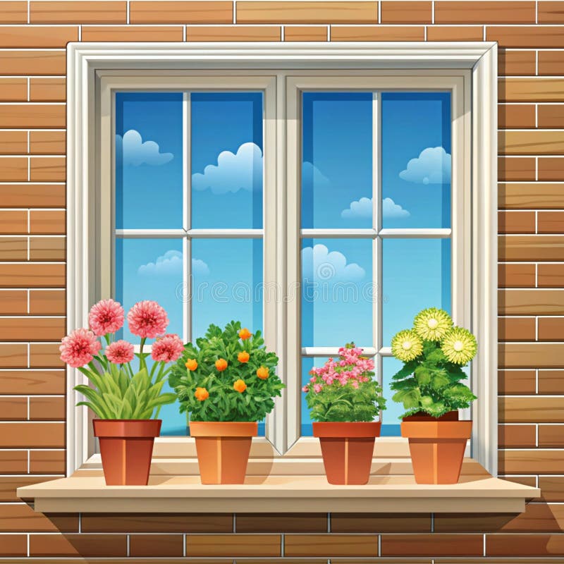 Window with Flower Pot Decorations Vector Clipart for Creative Home ...