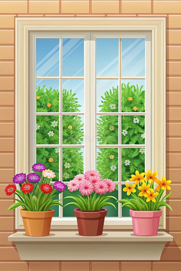 Window with Flower Pot Decorations Vector Clipart for Creative Decor ...