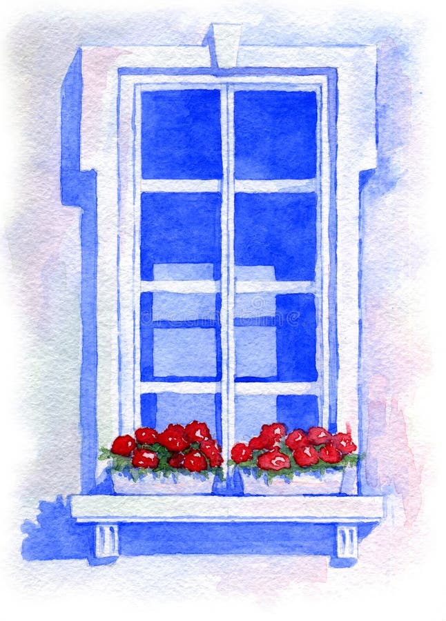 Window with Flowers. Watercolor Stock Illustration - Illustration of ...