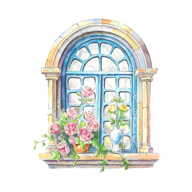 Window with Flowers Watercolor Illustration Stock Illustration ...