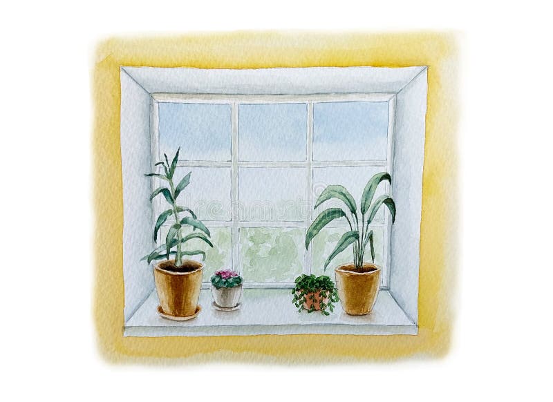 Window with Flowers on the Windowsill. Watercolor Drawing Stock ...