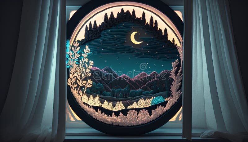 Window in the Forest at Night. 3D Illustration. Vintage Style Stock ...