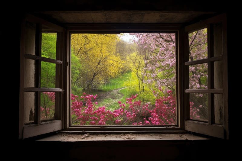Window in a Forest, with View of Blooming Trees and Buzzing Bees Stock ...