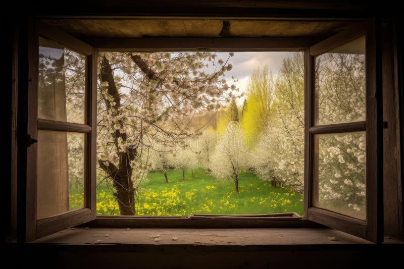 Window in a Forest, with View of Blooming Trees and Buzzing Bees Stock ...