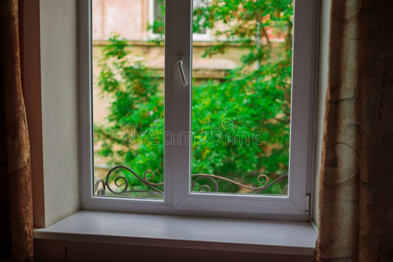 Window Frame View from the Inside White Windowsill Foreground and Green ...
