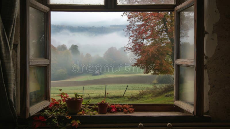 Window with View of Field and Trees Stock Illustration - Illustration ...