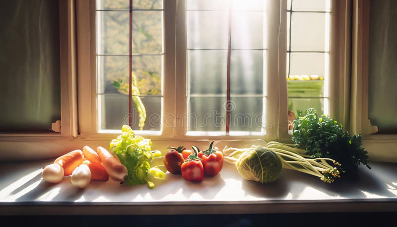 Window with Fresh Vegetables Sitting on the Windowsill, the Sun Shining ...