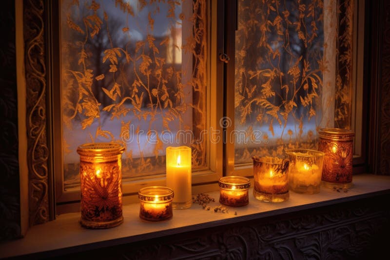 Window with Frost Patterns and Warm Candlelight Stock Illustration ...