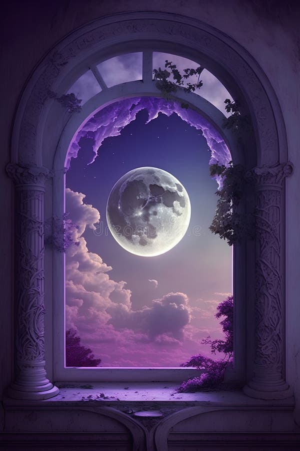 Window with a Full Moon and Clouds in the Sky. 3d Rendering Stock ...