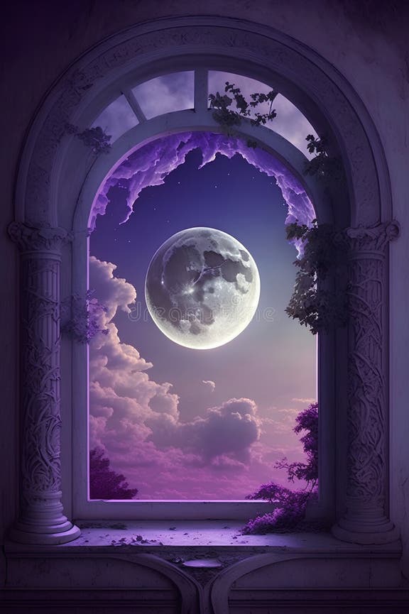 Window with a Full Moon and Clouds in the Sky. 3d Rendering Stock ...