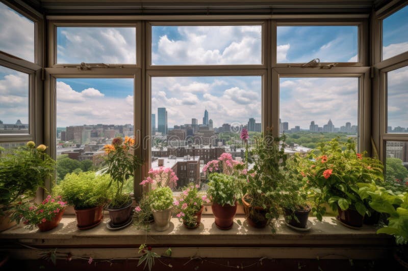 A Window Garden with a View of the City Skyline, Surrounded by Greenery ...