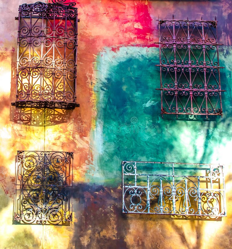 Artistic Metal Window Grills on a Colorful Wall Stock Illustration ...