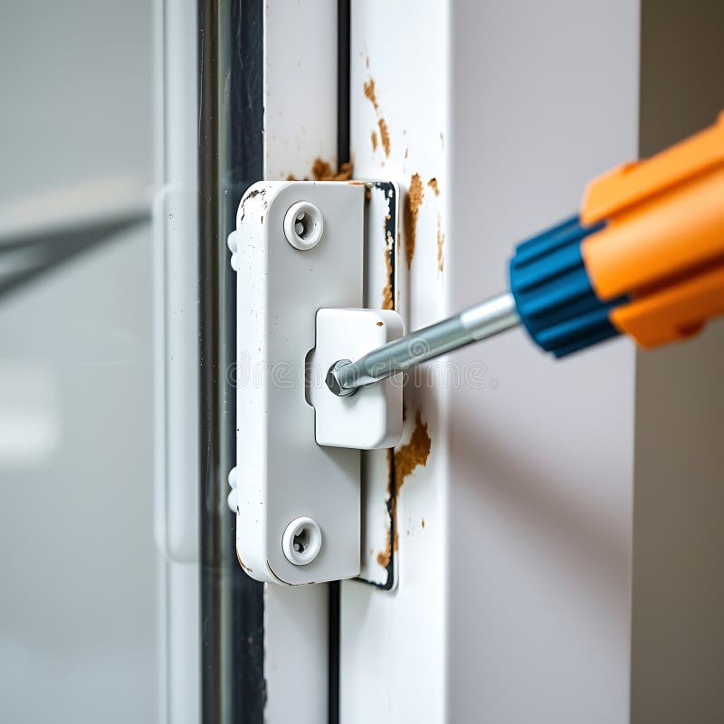 A Window Hinge Being Replaced with a Screwdriver with a Focused Shot of ...