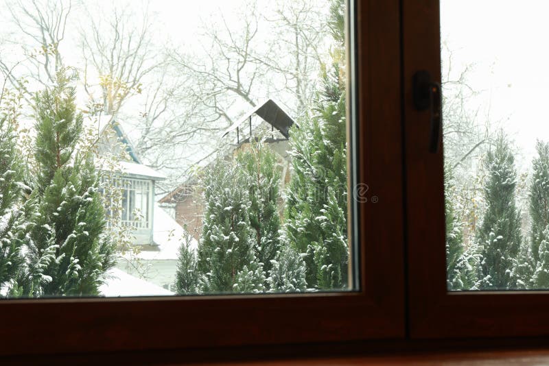 Window of House with View on Snowy Day Stock Photo - Image of spruce ...