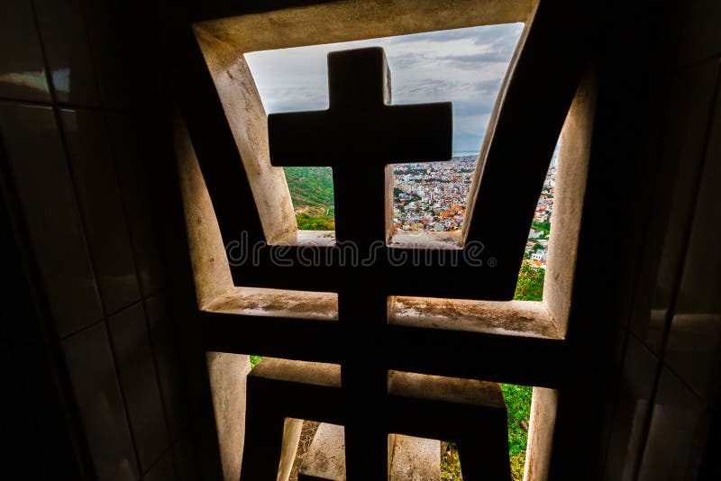 Window with Hristrianskim Cross Overlooking City Stock Image - Image of ...
