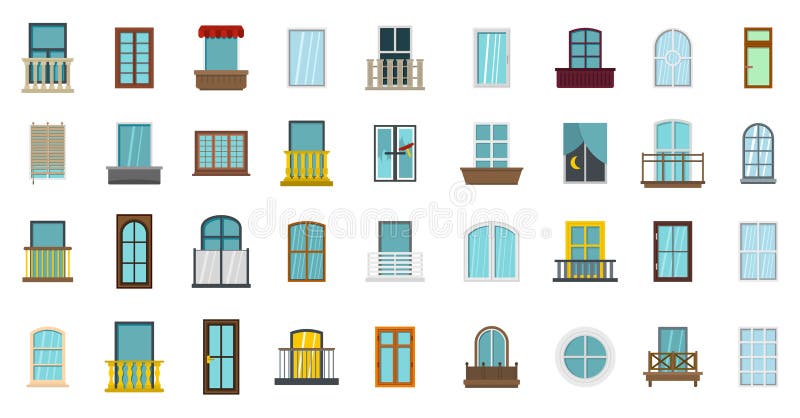 Window Icon Set, Flat Style Stock Vector - Illustration of glass ...