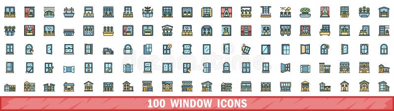 100 Window Icons Set, Color Line Style Stock Vector - Illustration of ...