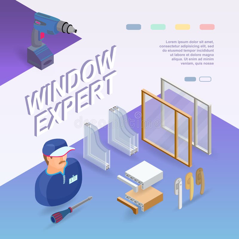 Window Installing Service. Isometric Concept. Worker, Equipment. Stock ...