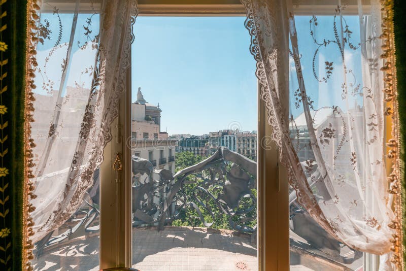 Window with Lace Curtain and Cityscapes Outside the Window Stock Image ...