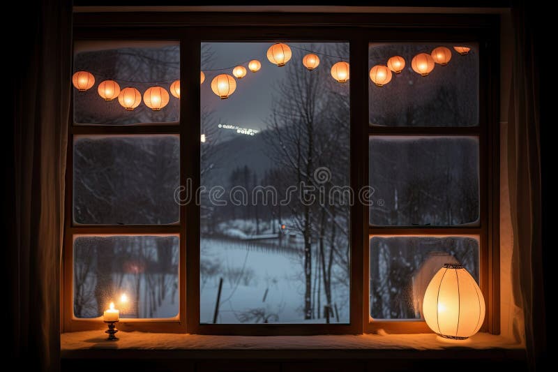 Window with Lanterns and View of Snowy Winter Landscape Stock ...