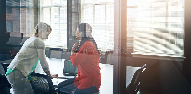 Window, Laptop and Business People with Discussion in Office for Web ...