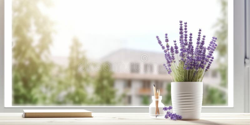 Window and Lavender Flower on Table with Sun Light Copy Space Blurred ...