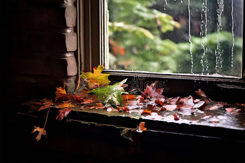 Window Ledge a Stone Window Ledge with a Few Fallen Leaves and a Stock ...