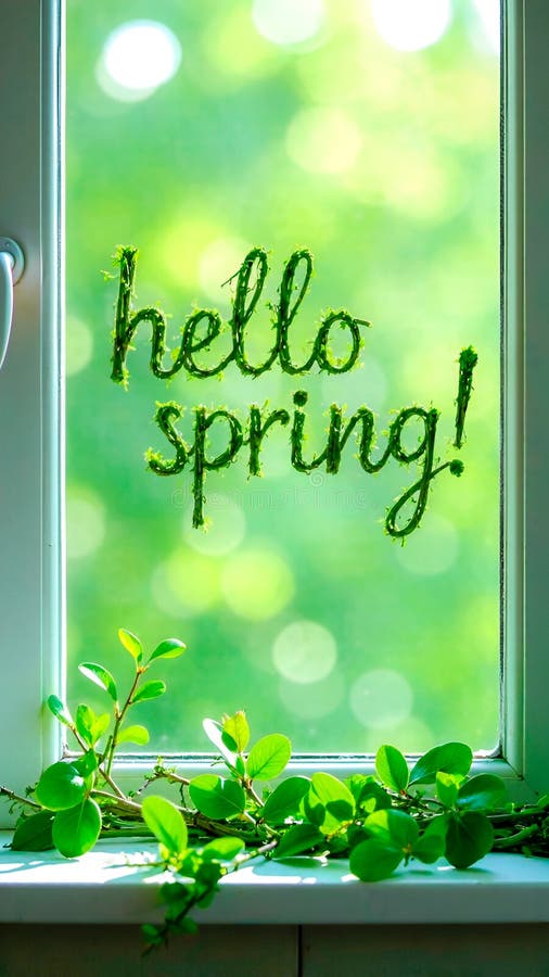 Window Lettering Made of Plants Hello, Spring. Green Postcard Stock ...