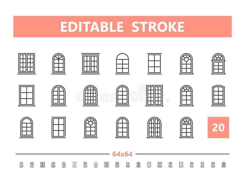 Window 20 Line Icons. Vector Illustration in Line Style. Editable ...