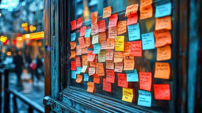 Window with a Lot of Colorful Sticky Notes on it Stock Photo - Image of ...