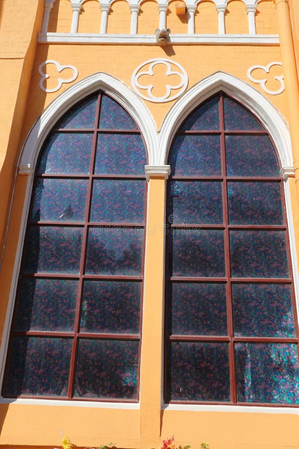 Close-up of Gothic Church Windows with Stained Glass, on the Side Wall ...