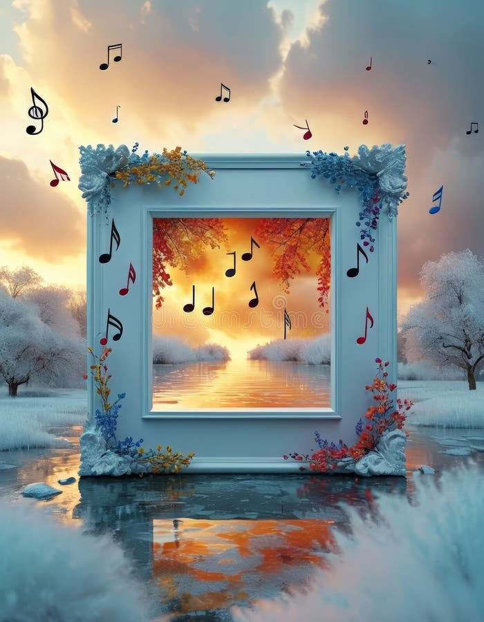 Window with Music Notes and Sunset Stock Illustration - Illustration of ...
