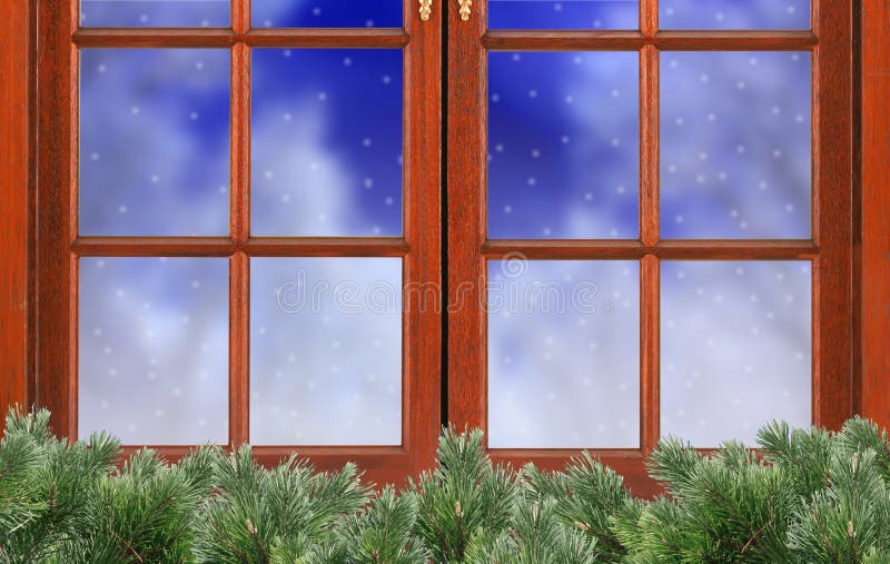 Window and Night Snow and Christmas Tree Fir Nature Stock Image - Image ...