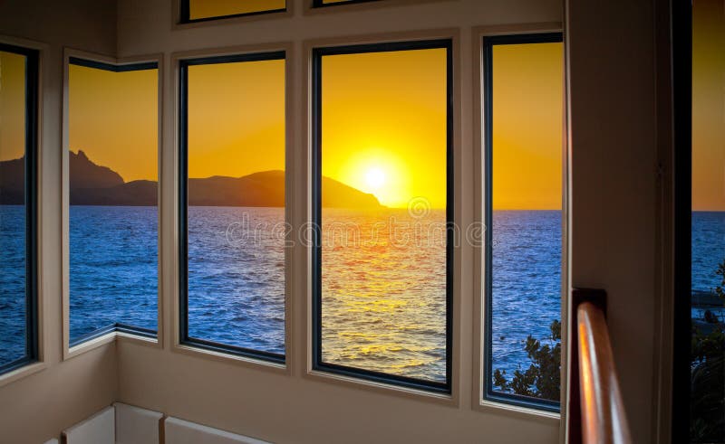 Window Ocean Sunset Home stock photo. Image of home, waves - 56885392