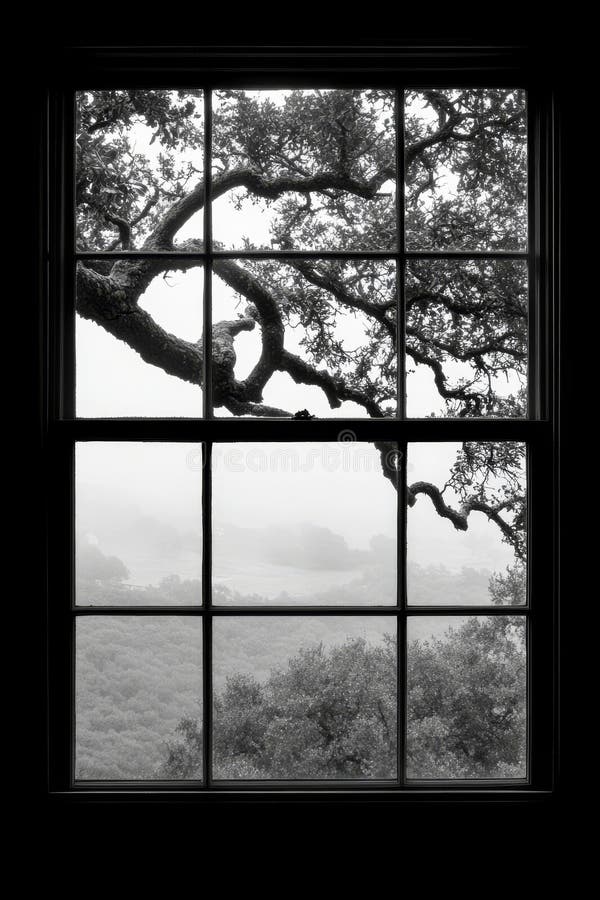 The Window Offers a View of a Massive, Twisted Tree and a Distant ...