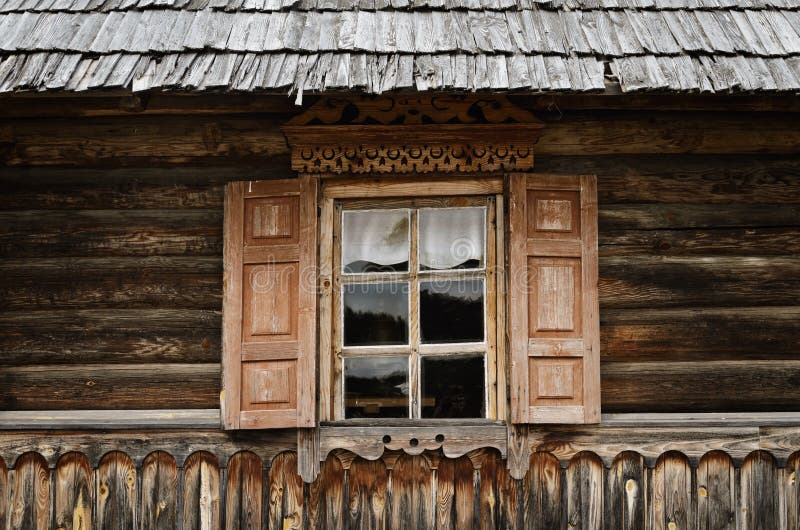 Rustic Old Time Log Cabin Front Door and Windows Stock Image - Image of ...