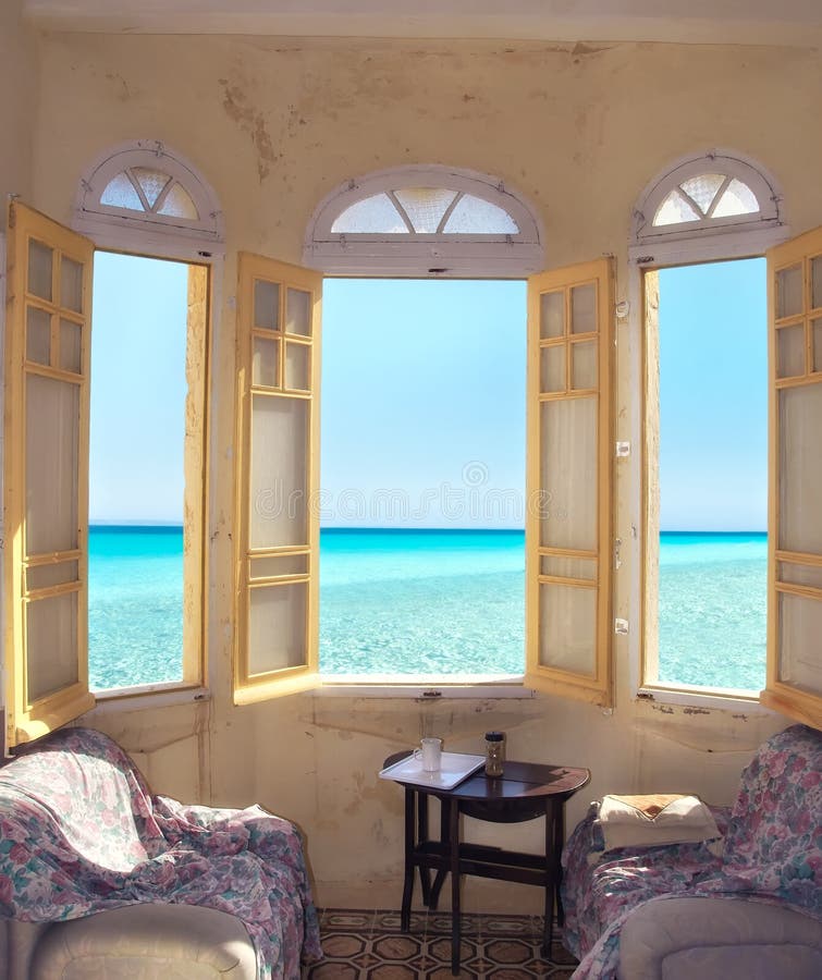Bay Window Overlooking Mediterranean Sea Stock Image - Image of decline ...